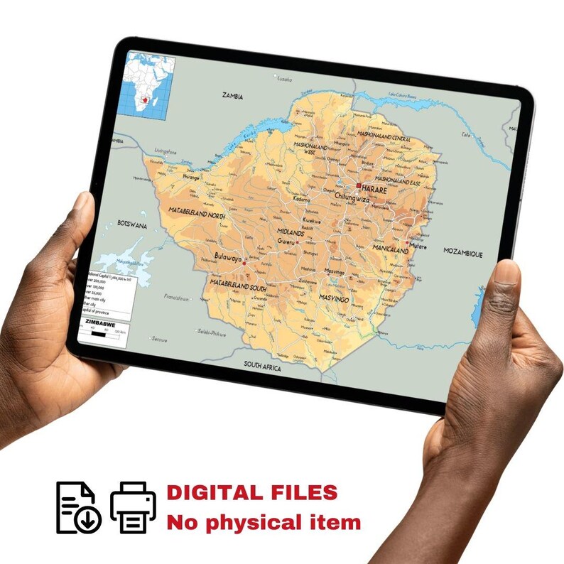 Zimbabwe Map Set: Political, Physical & Road Network (printable Digital ...