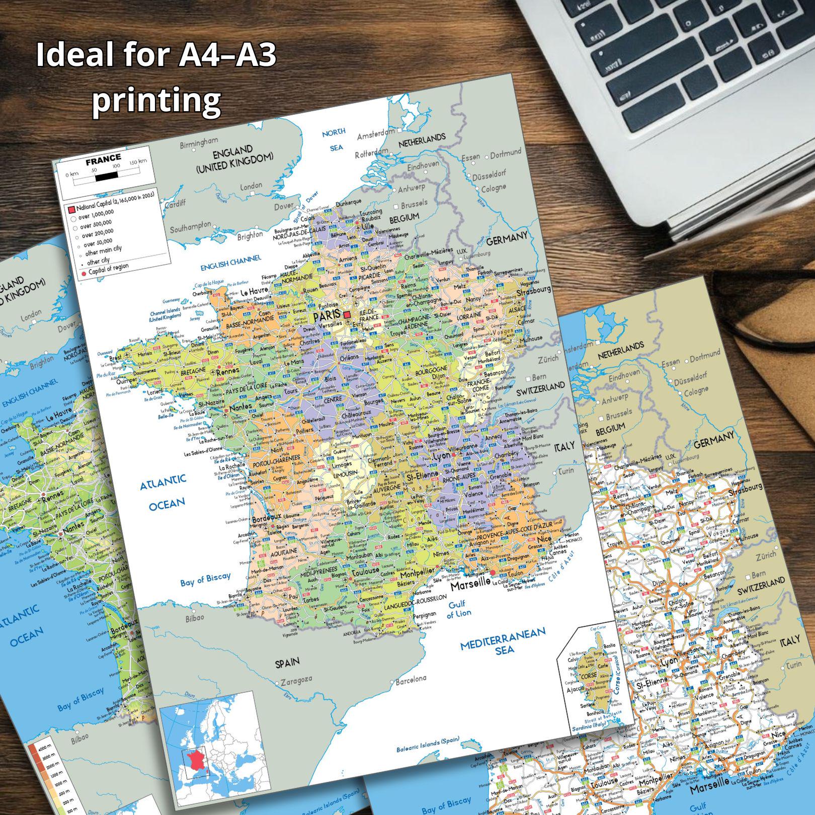 France Printable Political Map Detailed DIGITAL Mapping With Cities ...