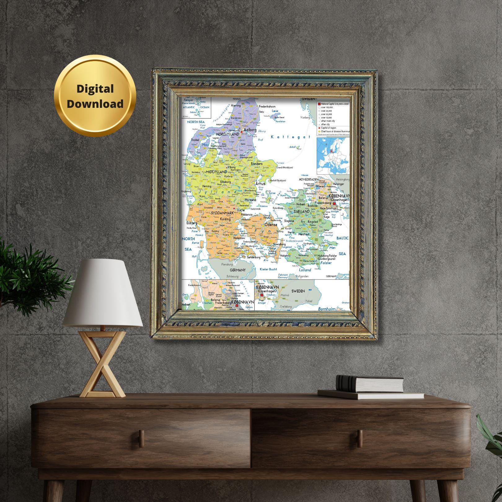 Detailed DENMARK Map Political, Topography & Main Road Digital Download ...