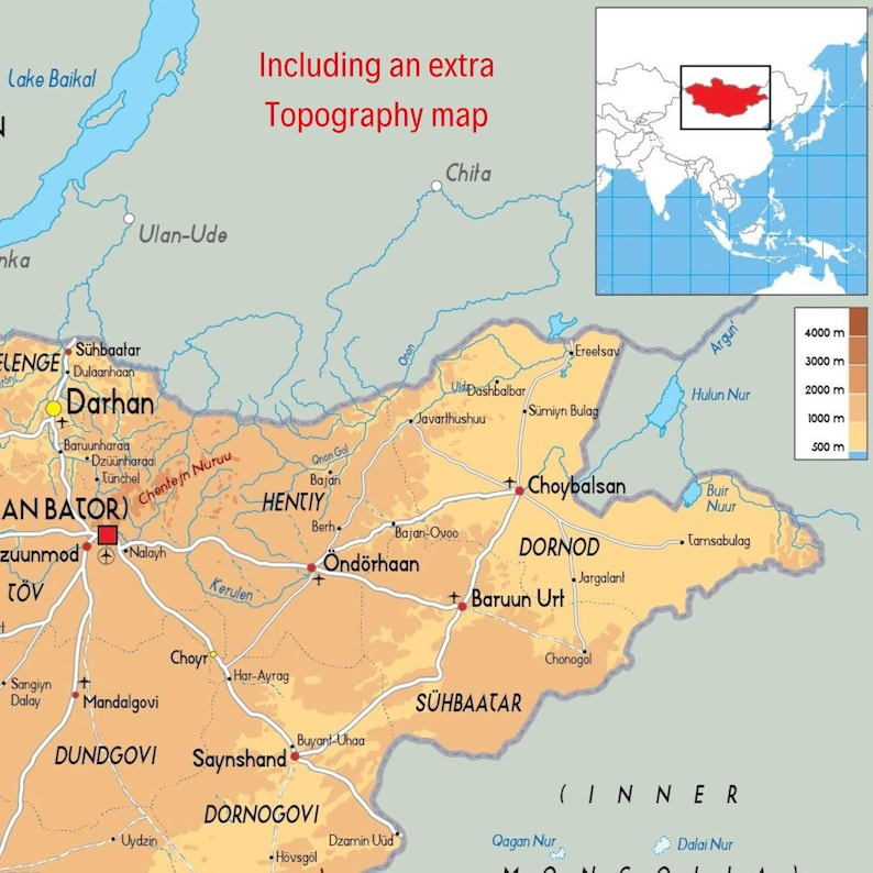 Mongolia Map Set: Political, Physical & Road Network (Printable A3 ...