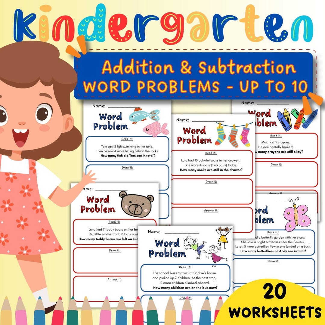20 Word Problem Worksheets Addition & Subtraction UP to 10 (ages 5 - 7 ...