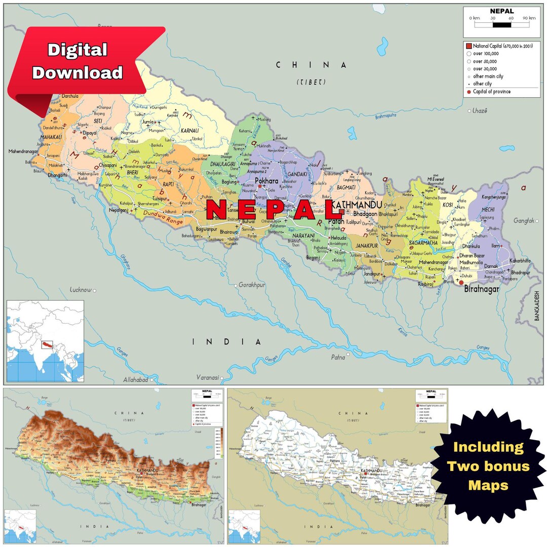 Nepal Map Set Digital: Political, Topographical & Road (printable A3 ...