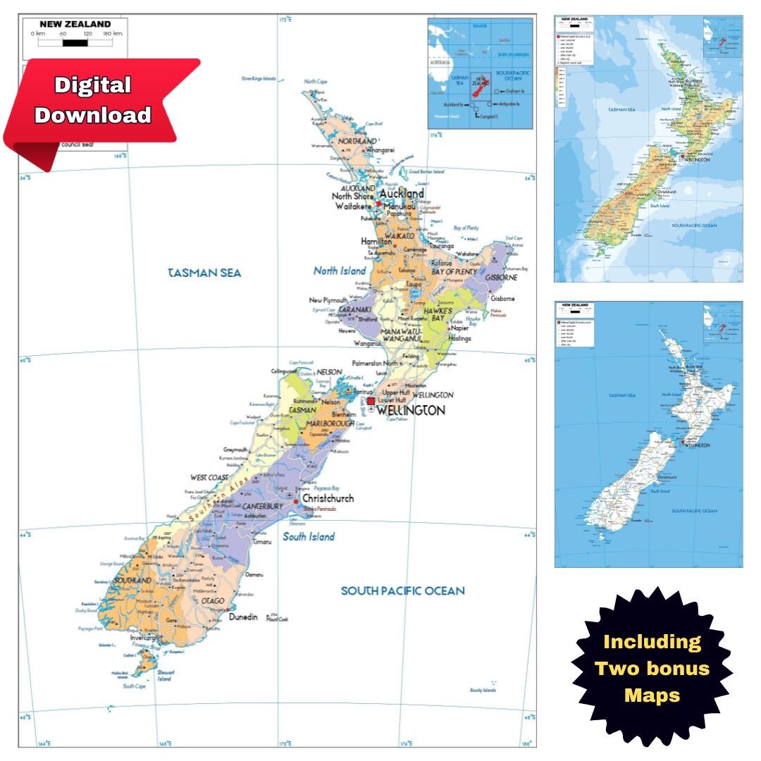 New Zealand Digital Political Map Printable High Resolution A3 With ...