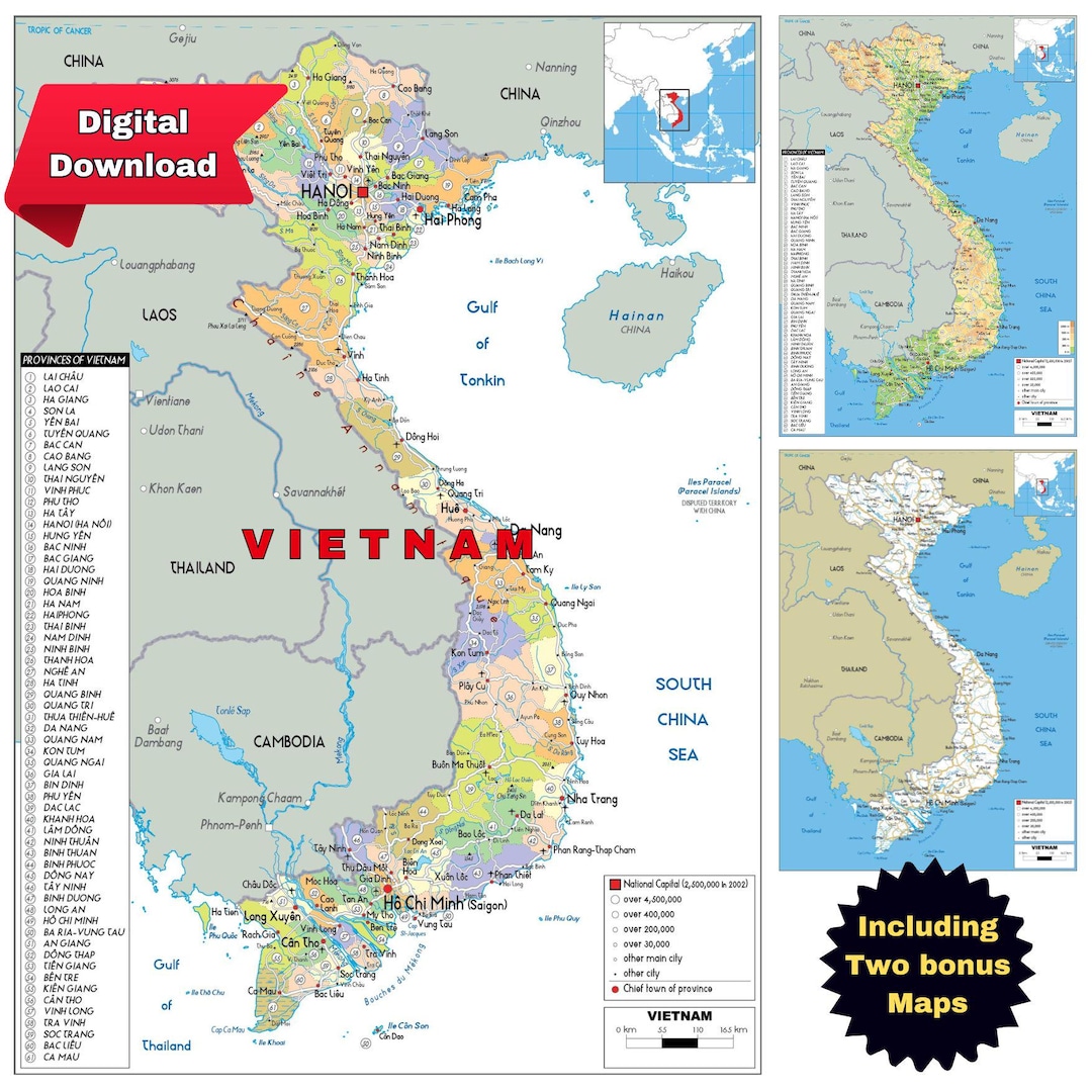 Printable VIETNAM Political Map Digital Download and 2 Bonus Topography ...