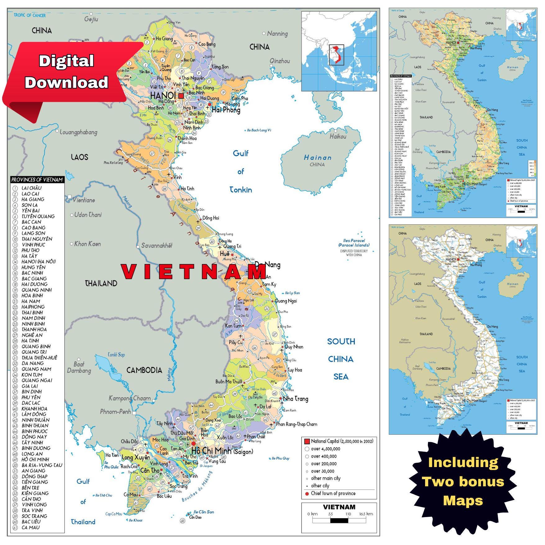 Printable VIETNAM Political Map Digital Download and 2 Bonus Topography ...