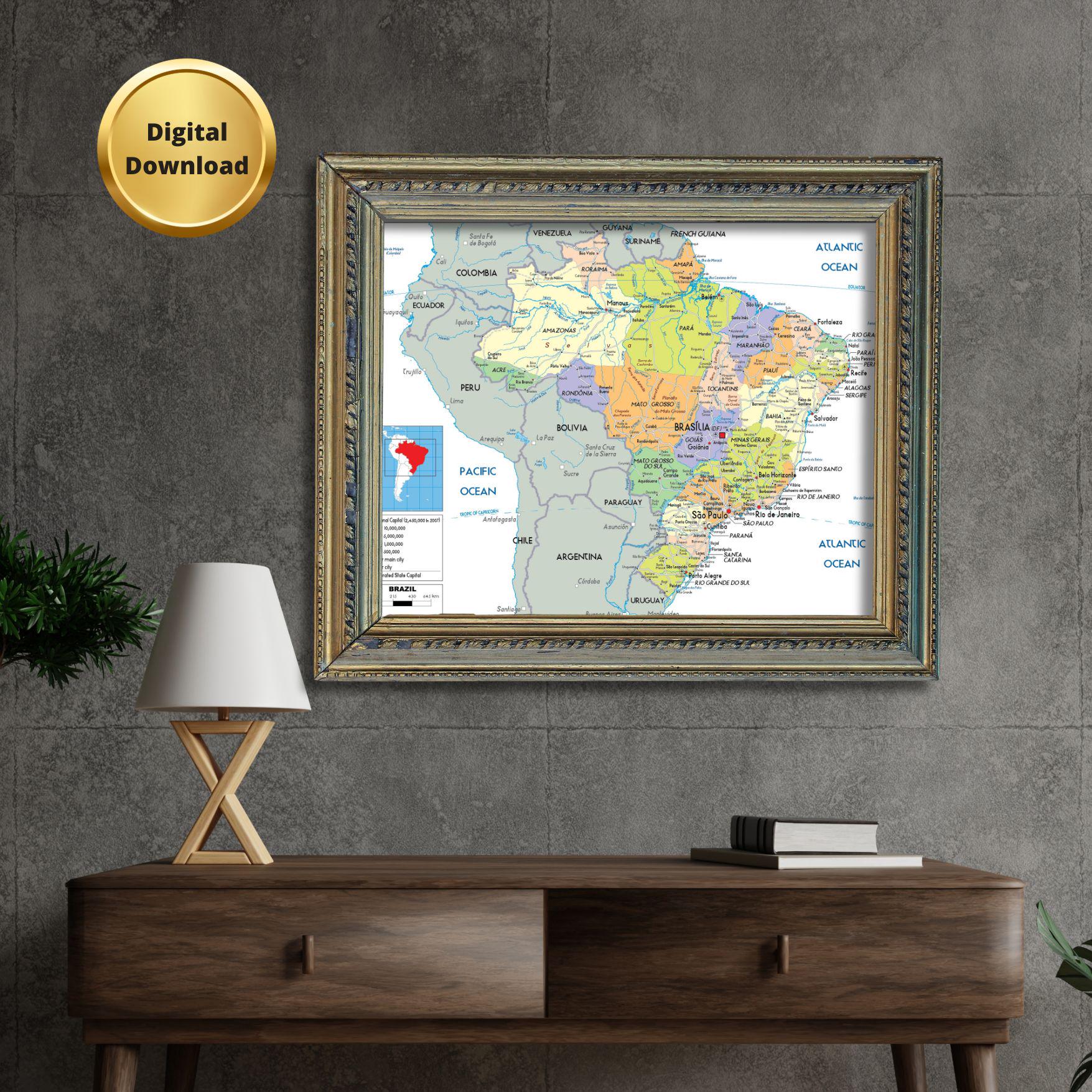 Printable BRAZIL Political Map + Topography & Roads - Etsy