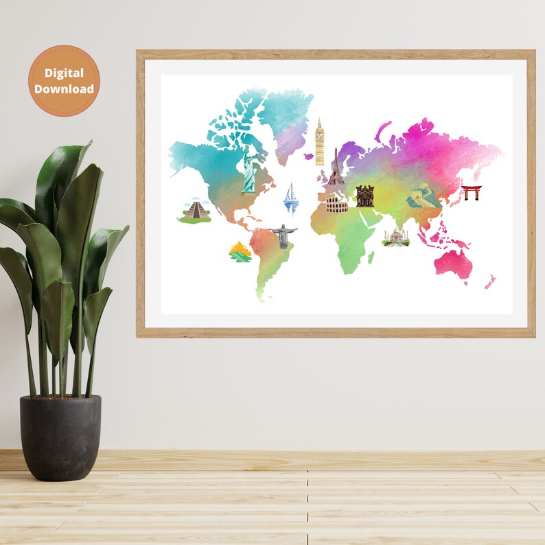Printable World Map with Iconic monuments, including the Seven Wonders ...