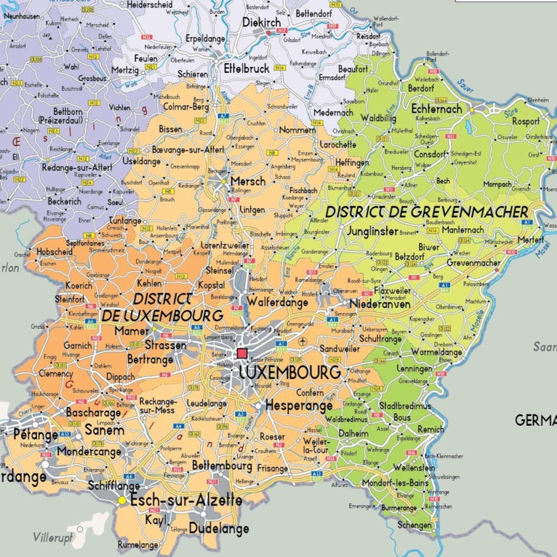 LUXEMBOURG Political Map + Topography & Roads - Etsy