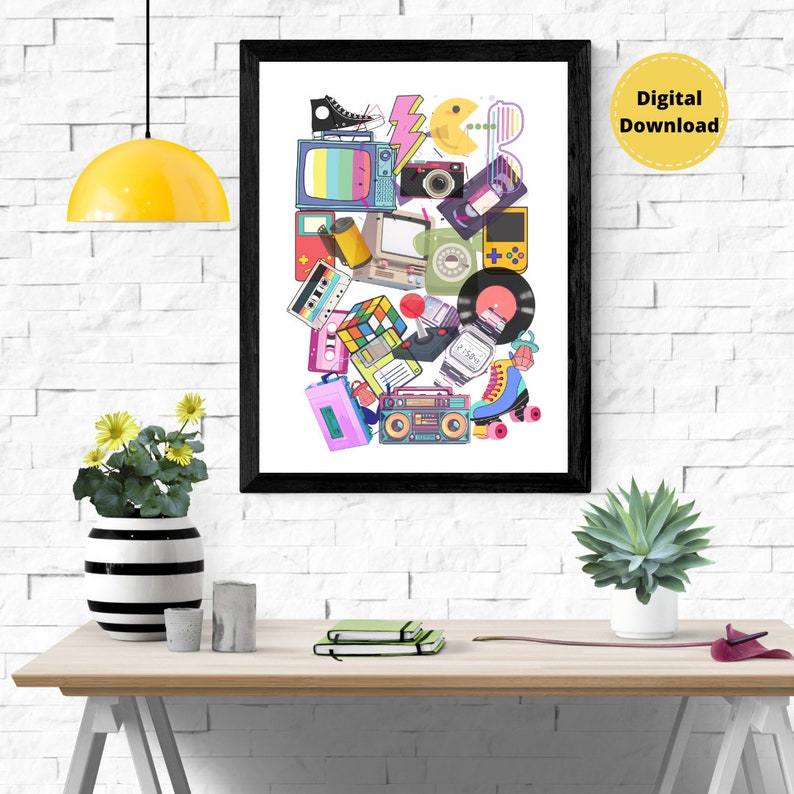 Printable 80s Iconic Objects Collage With Nostalgic Vibe, Arcade Games ...
