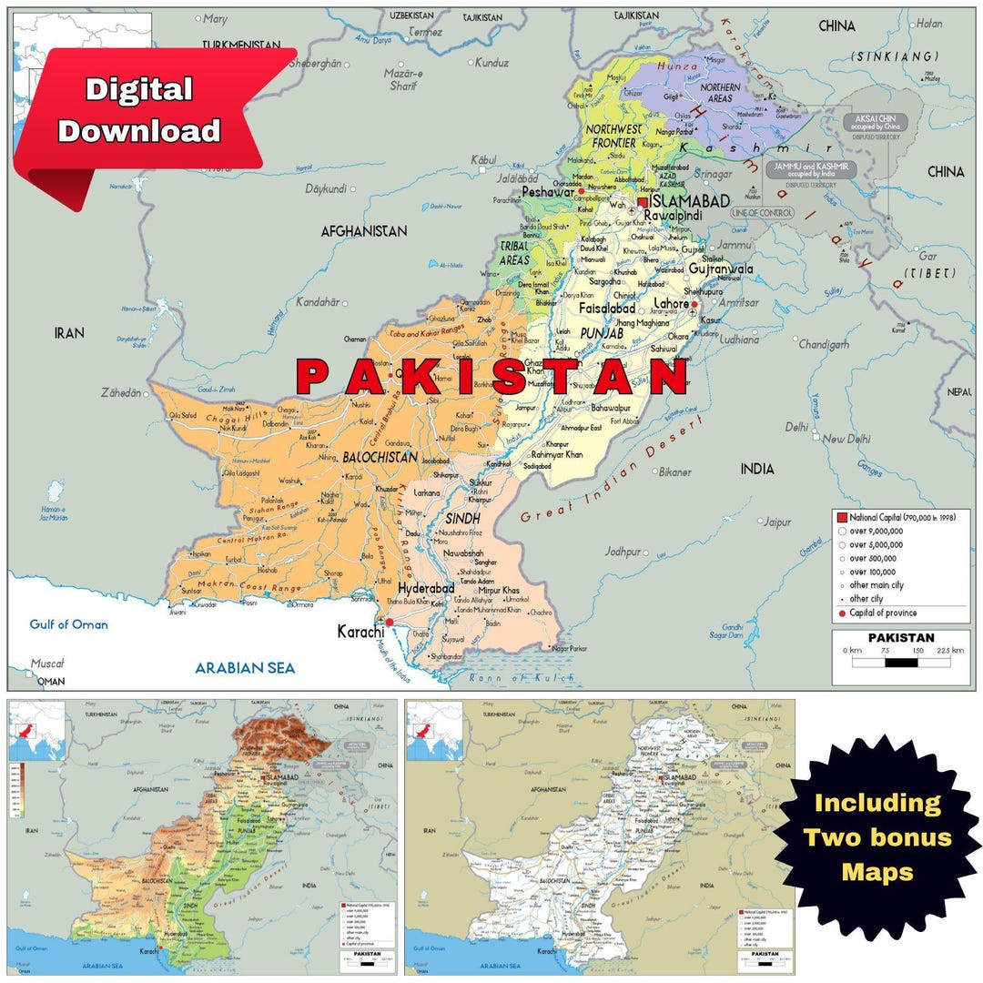 Political Map of Pakistan + Topography & Roads - Etsy