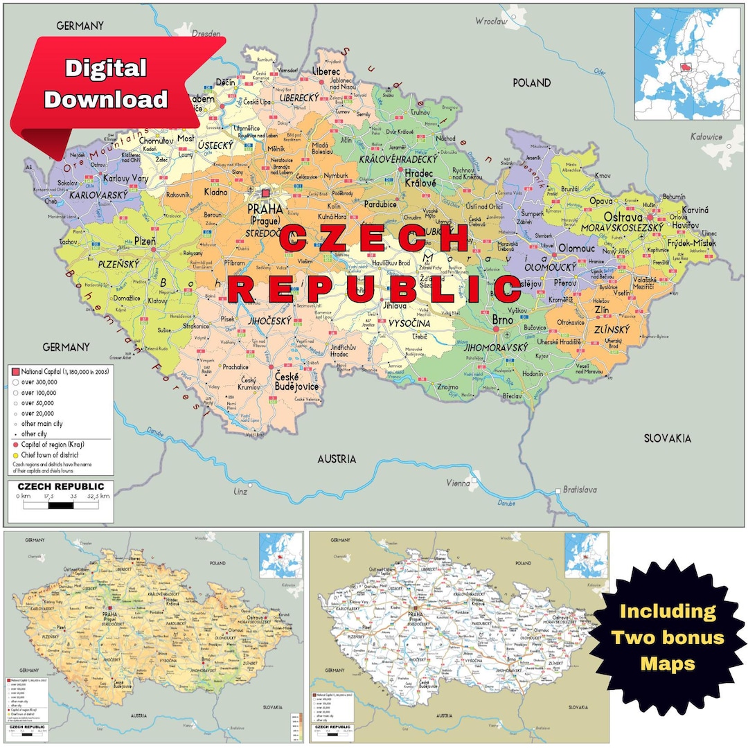 Czech Republic (czechia) Map Set Printable Political, Topography ...