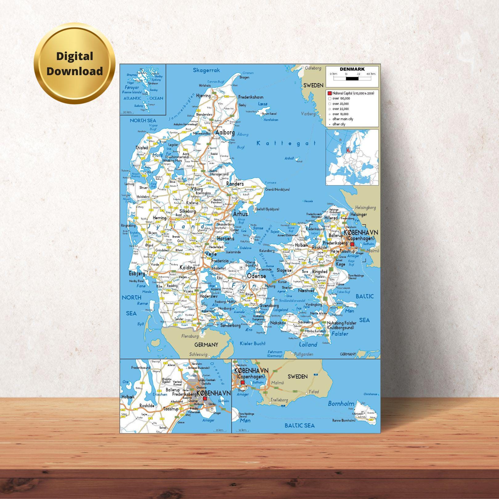 Detailed DENMARK Map Political, Topography & Main Road Digital Download ...