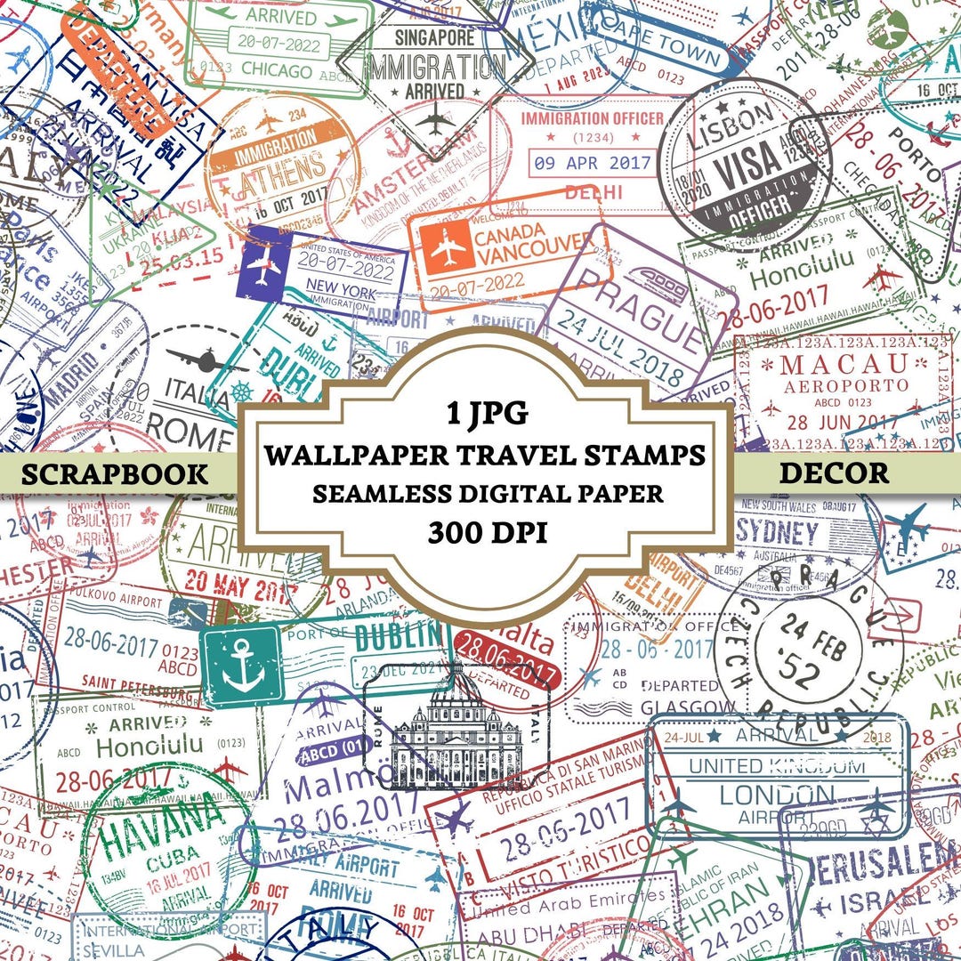 Printable Travel Passport Stamps Seamless Digital Paper, Colorful ...