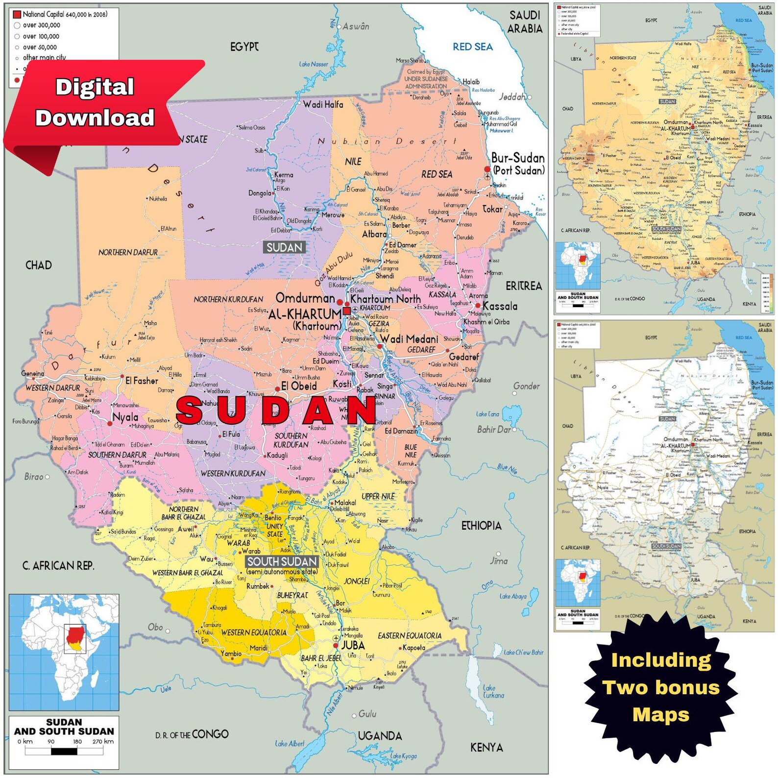 Sudan Map Set: Political, Physical & Road Network (printable Digital ...