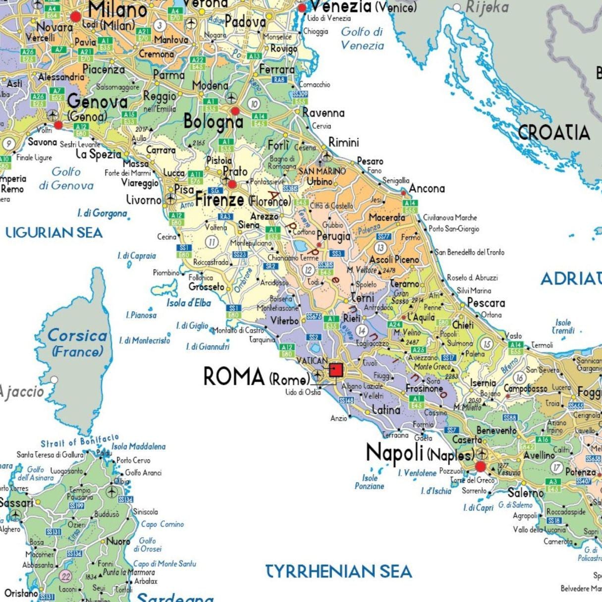 Italy Political DIGITAL Map Printable With Regions Cities Borders & 2 ...