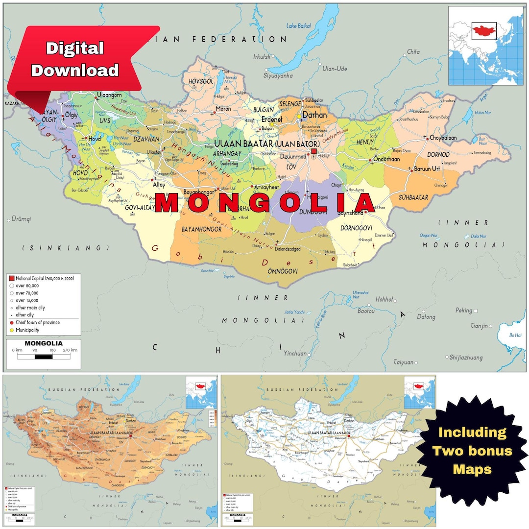 Mongolia Map Set: Political, Physical & Road Network (Printable A3 ...