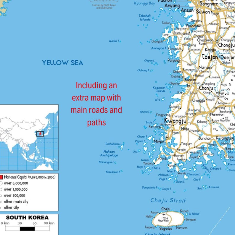 Very Detailed SOUTH KOREA Map Printable Set of 3 Political, Topographic ...