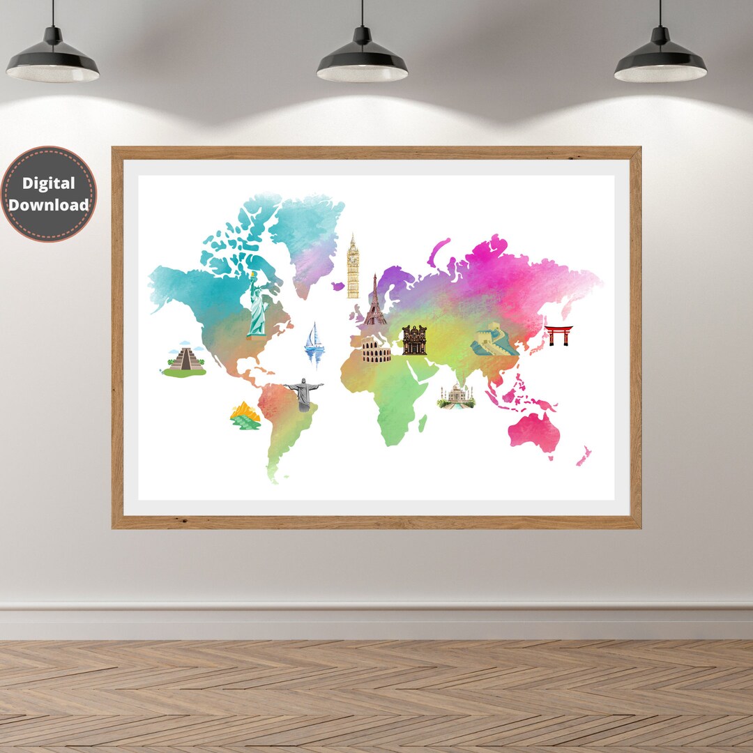 Printable World Map with Iconic monuments, including the Seven Wonders ...