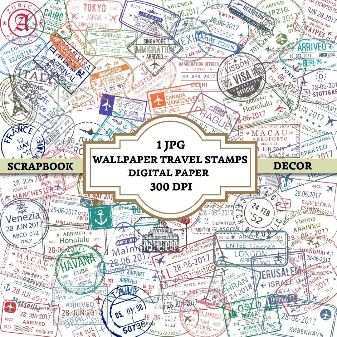 Printable Travel Passport Stamps Digital Paper, Colorful Collage World ...
