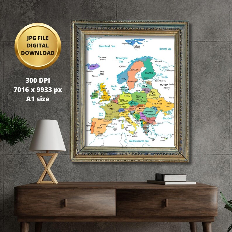 Map of Europe – High Resolution 300 DPI Printable (A1 Size) JPG + PDF ...