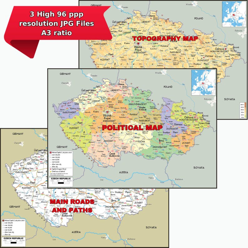 Set di mappe stampabili della Repubblica Ceca (Repubblica Ceca) con ...