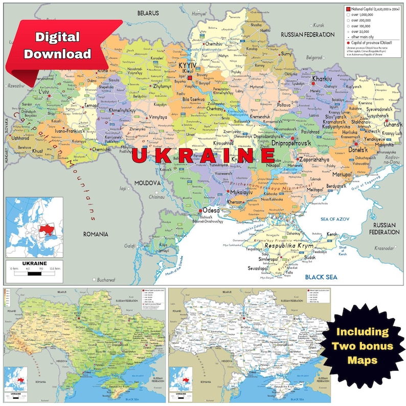 Ukraine Political Map Digital Download Printable + Roads ...