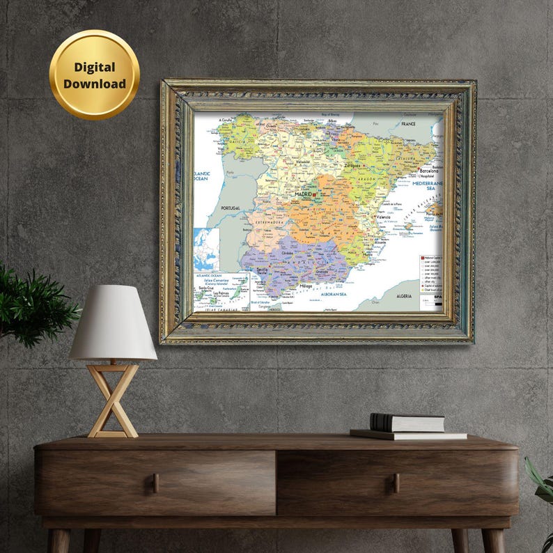 SPAIN Detailed Political Map Instant Download Printable with Regions Cities & Borders + 2 Bonus ...