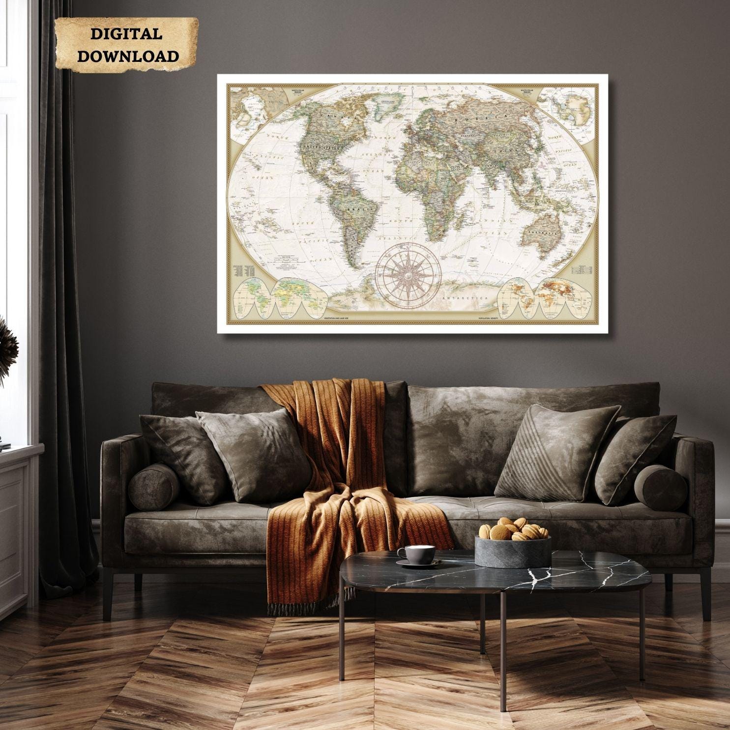 Printable Vintage World Map Antique Style, Very Detailed Map of the ...