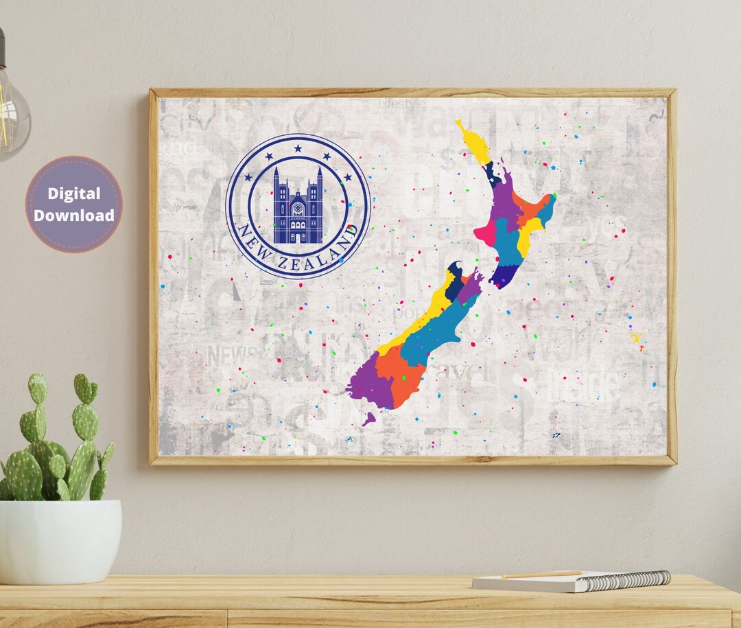 Printable New Zealand Map on Vintage Background, Gift for Travelers ...