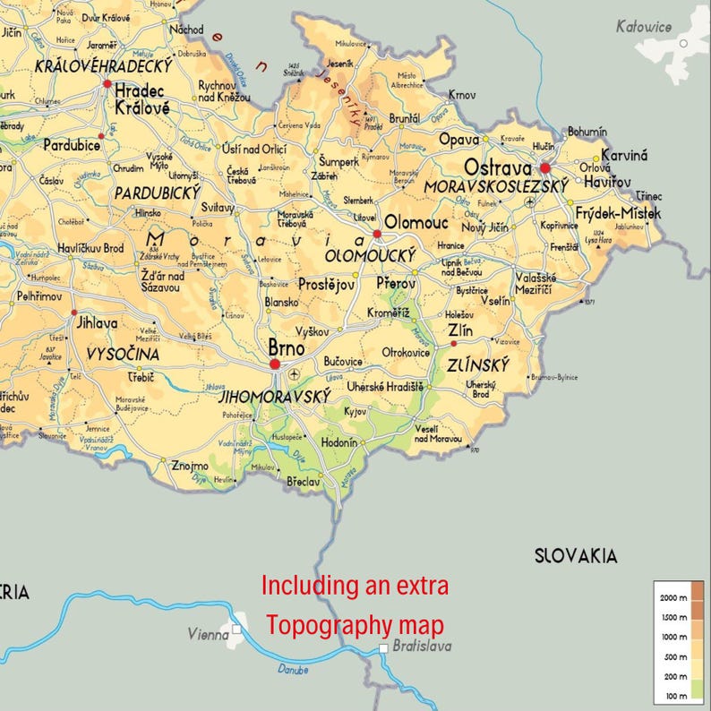 Czech Republic (czechia) Map Set Printable Political, Topography ...