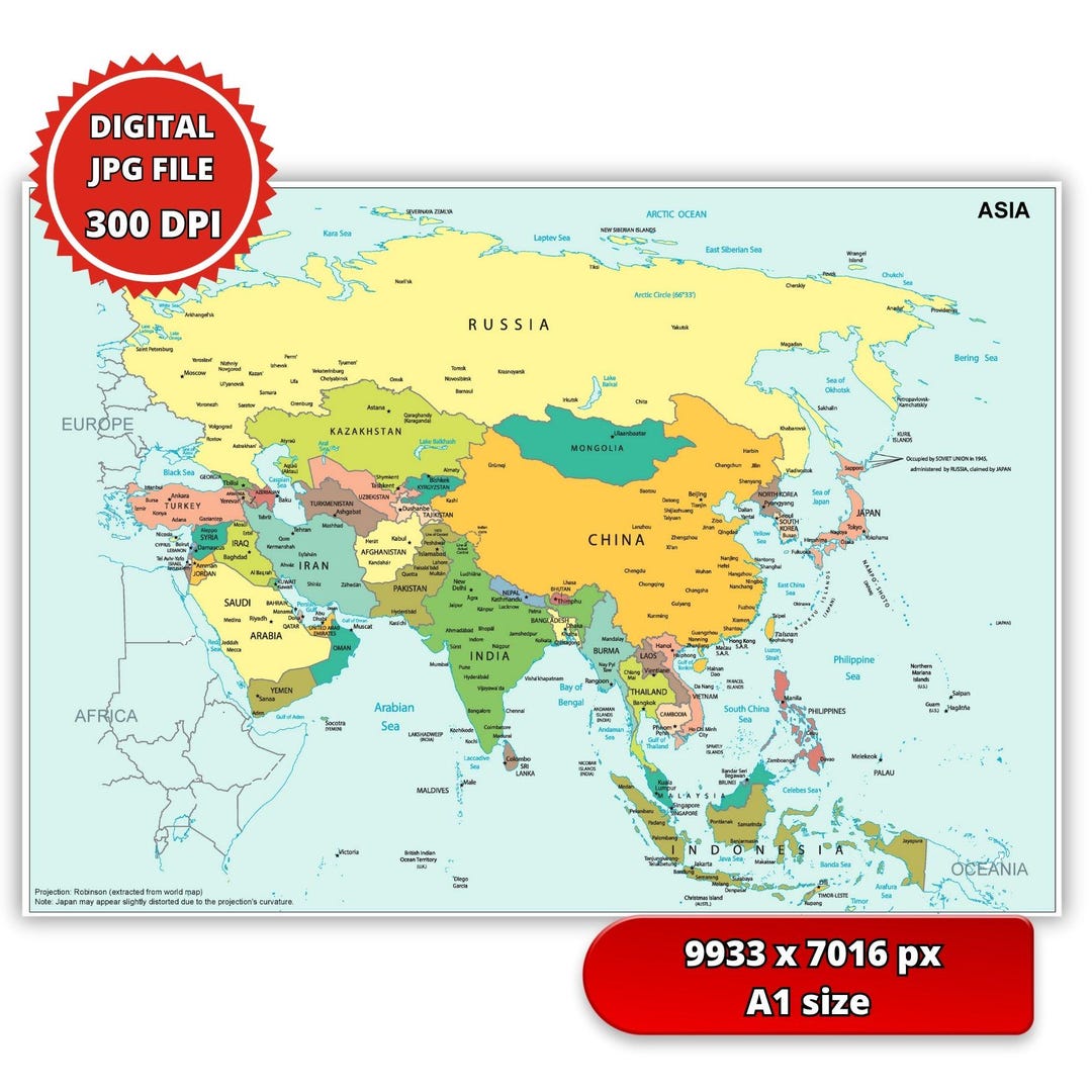 Asia Map High-resolution 300 DPI (A1 Printable) JPG + PDF - Etsy New ...
