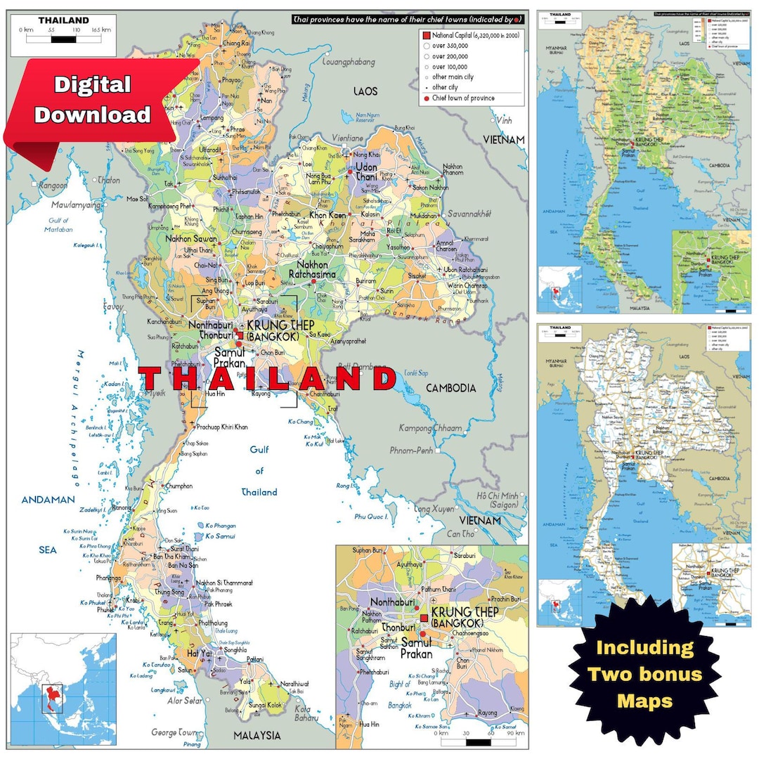 Printable THAILAND Political Map Digital Download and 2 Bonus ...