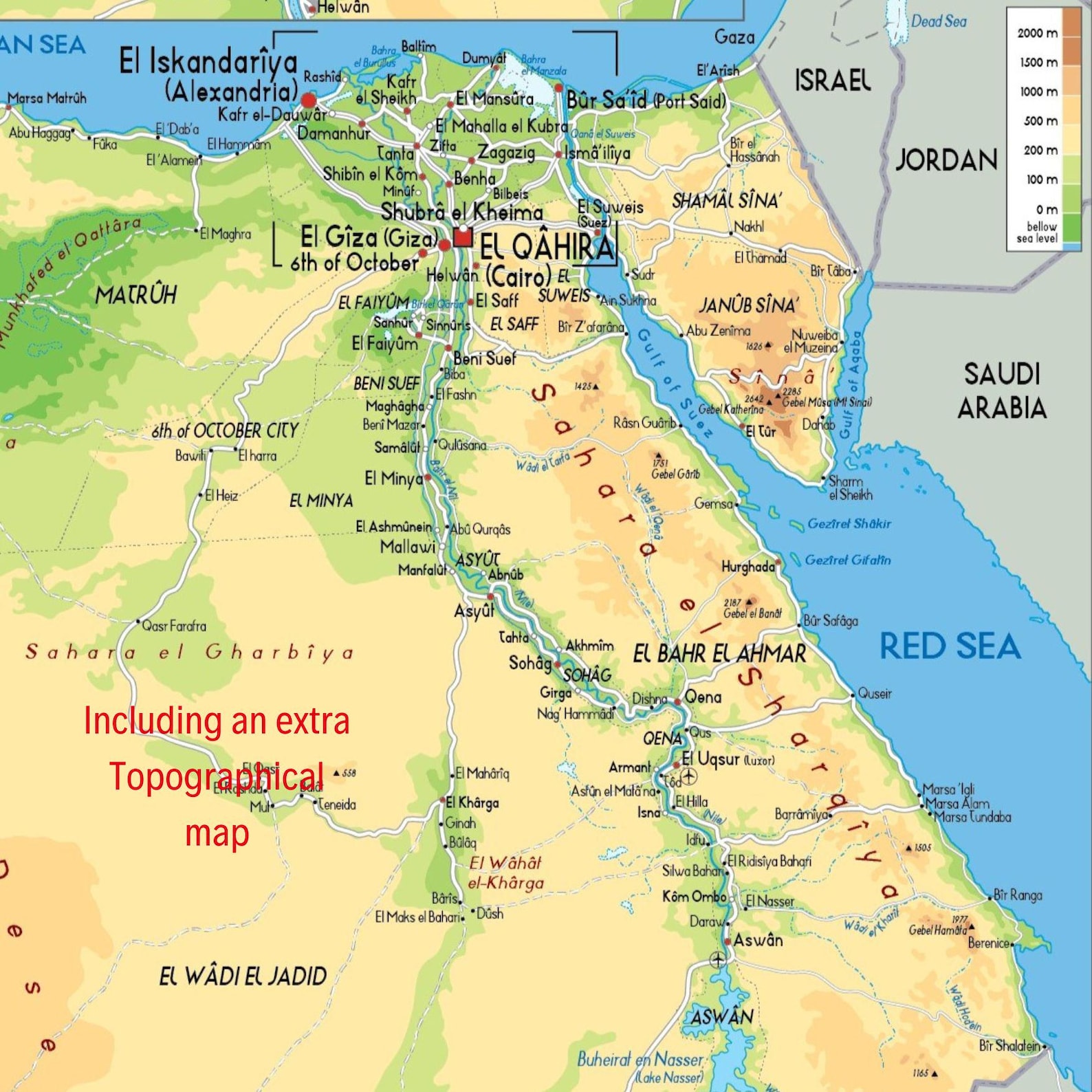 Egypt Political Map + Topography & Road Network (printable) - Etsy Canada