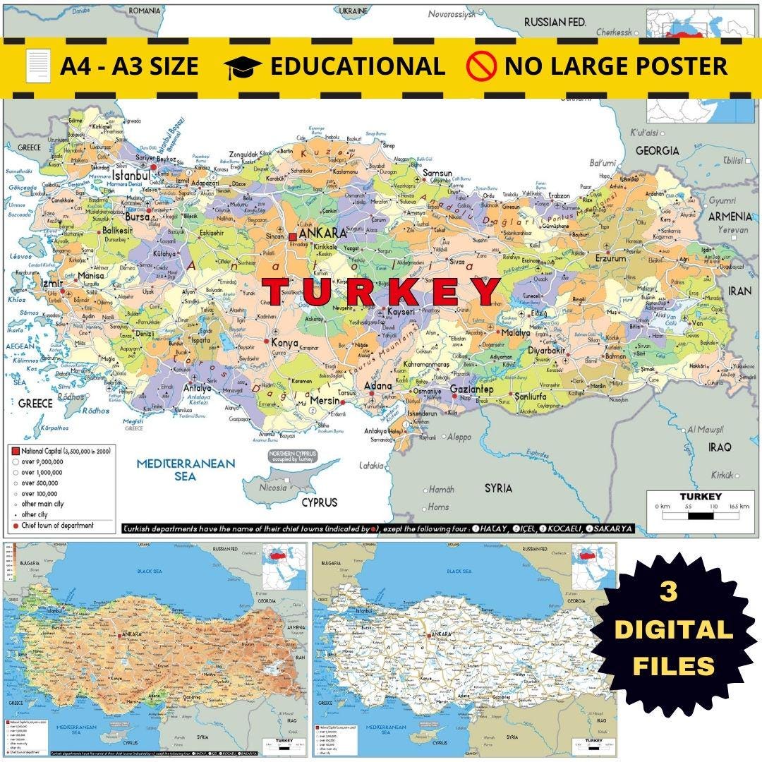 Printable TURKEY Political Map and 2 Bonus Topography & Roads - Etsy