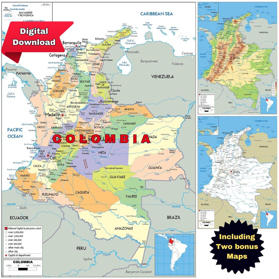 Colombia Political Map + Topography & Roads Bonus - Etsy
