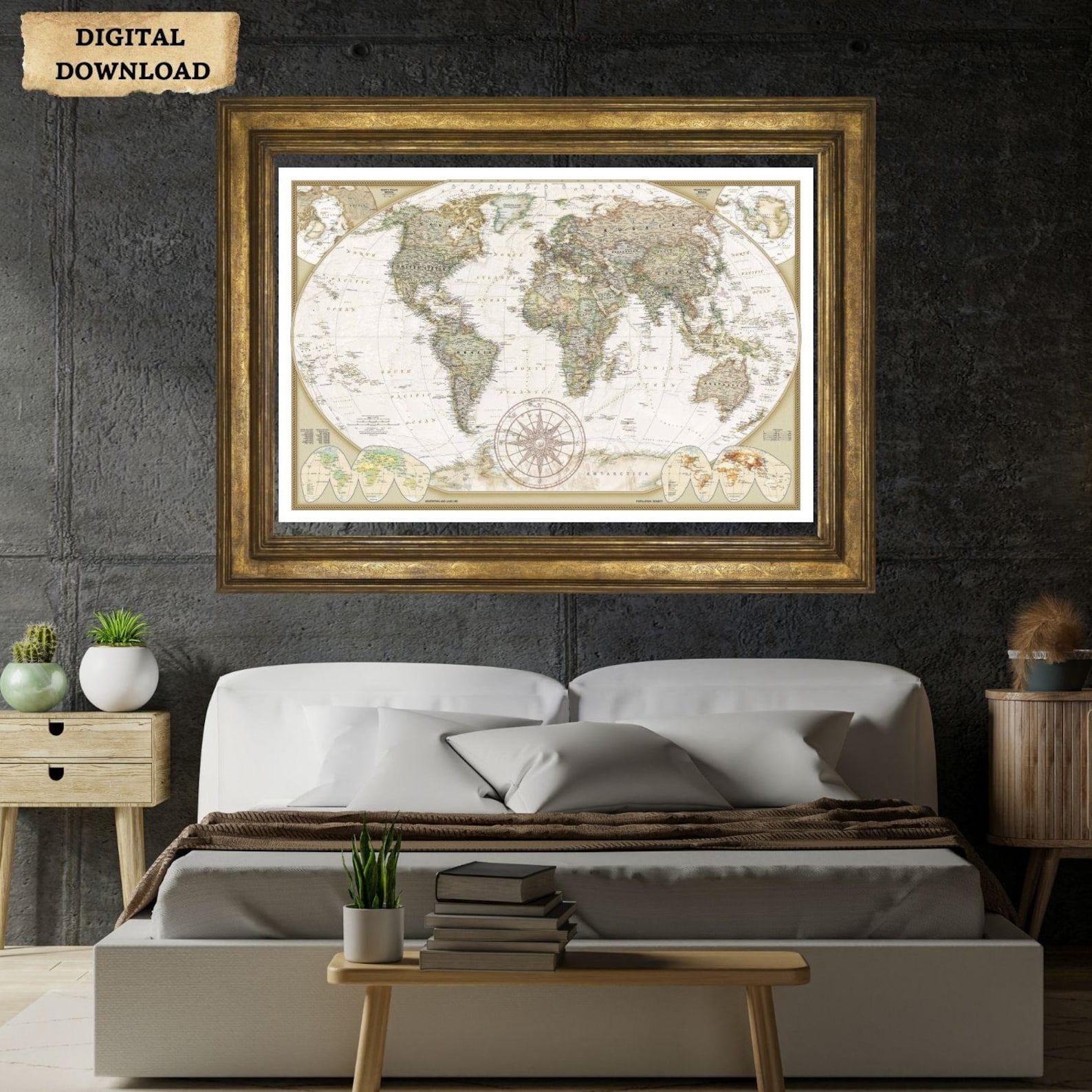 Printable Vintage World Map Antique Style, Very Detailed Map of the World Decorative Historical ...