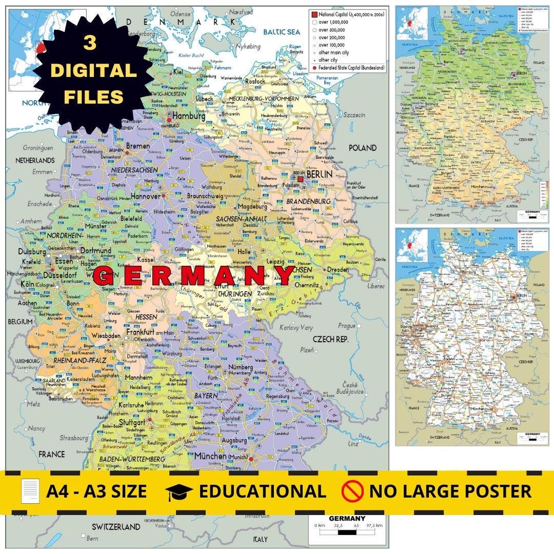 Germany Printable Political Map Detailed DIGITAL Mapping With Cities ...