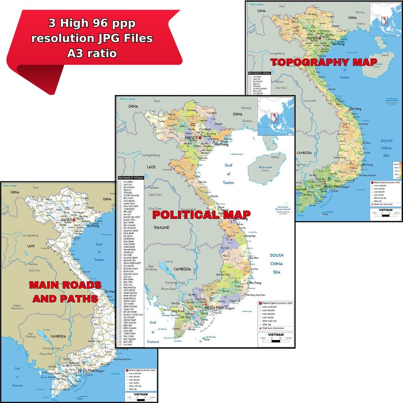 Printable VIETNAM Political Map Digital Download and 2 Bonus Topography ...