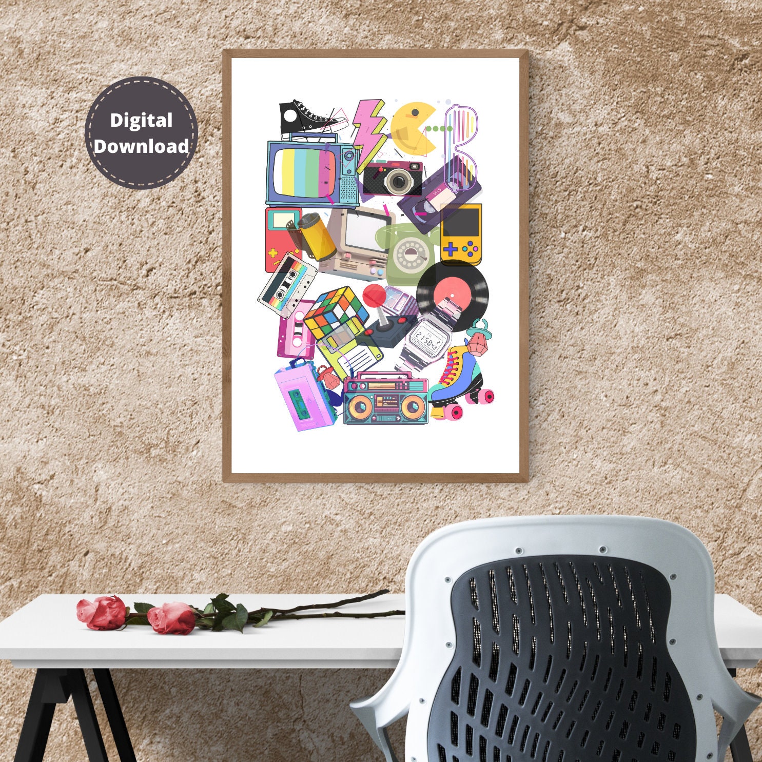 Printable 80s Iconic Objects Collage With Nostalgic Vibe, Arcade Games ...