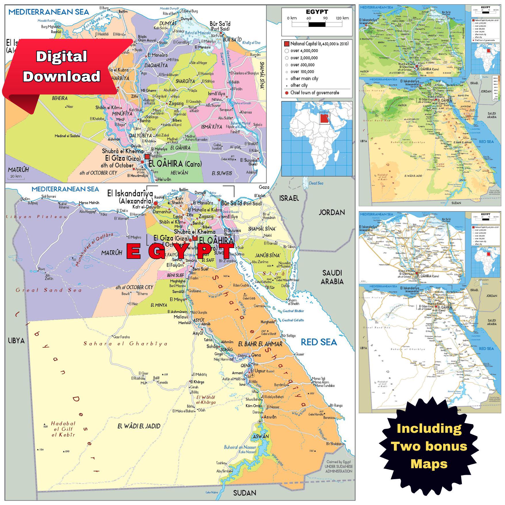 Printable Egypt Political Map + 2 Bonus Road & Topography, JPG Files A3 ...