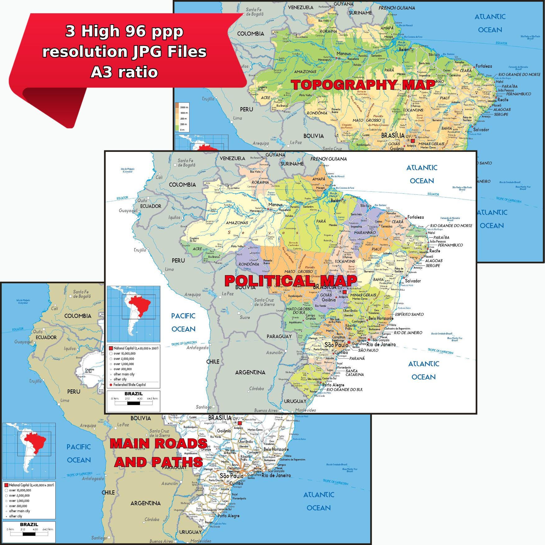 Printable BRAZIL Political Map + Topography & Roads - Etsy