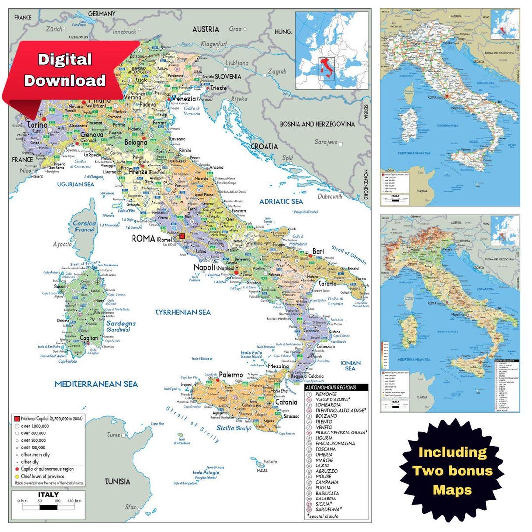 Italy Political DIGITAL Map Printable With Regions Cities Borders & 2 ...