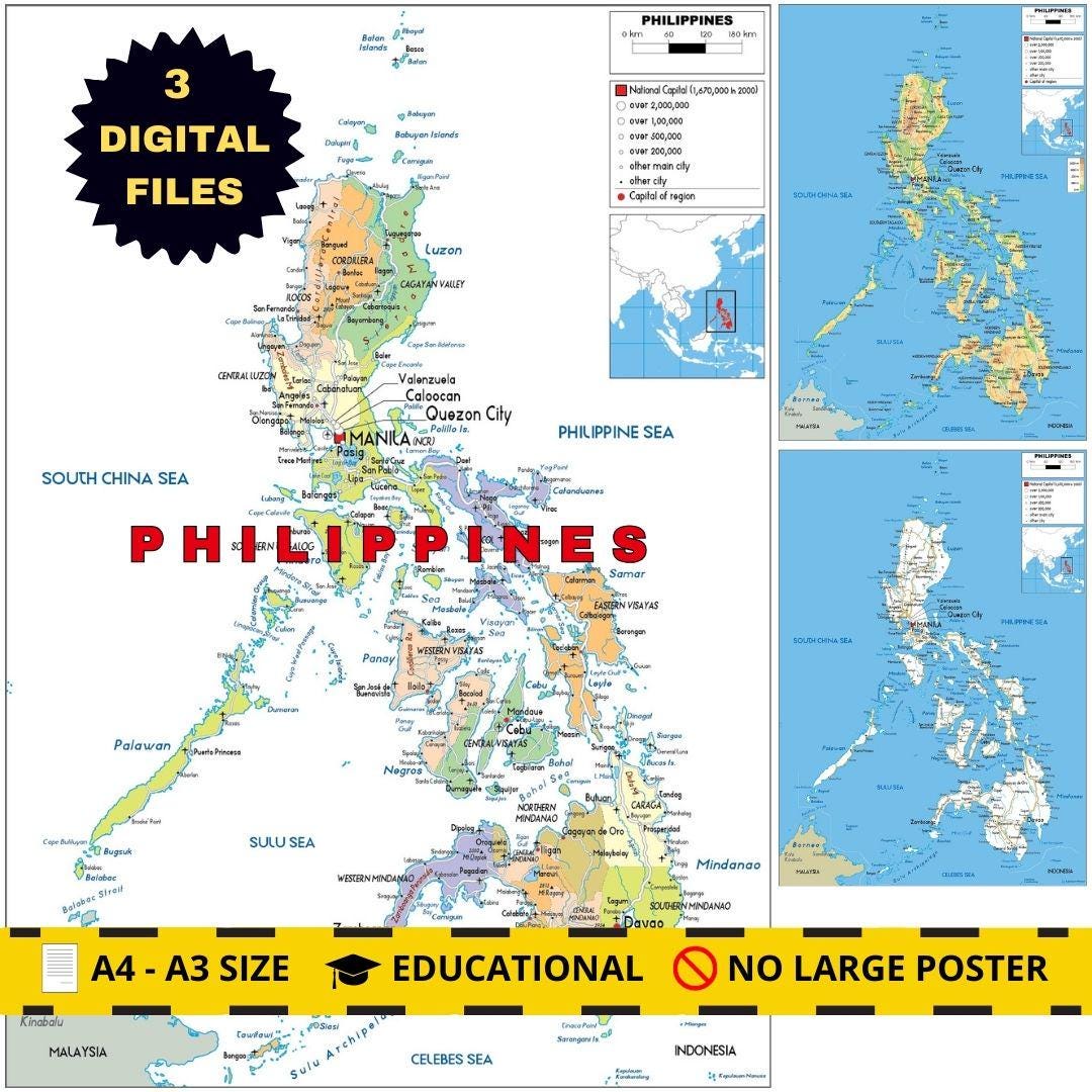 Map of Philippines Political, Topography & Roads - Etsy