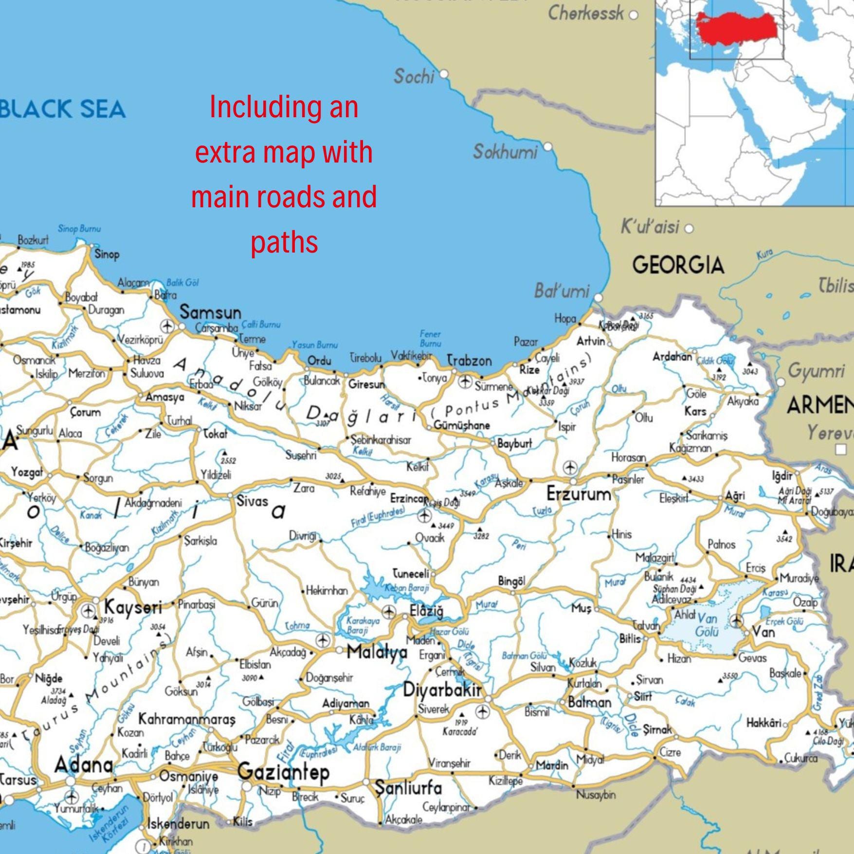 Printable TURKEY Political Map and 2 Bonus Topography & Roads - Etsy