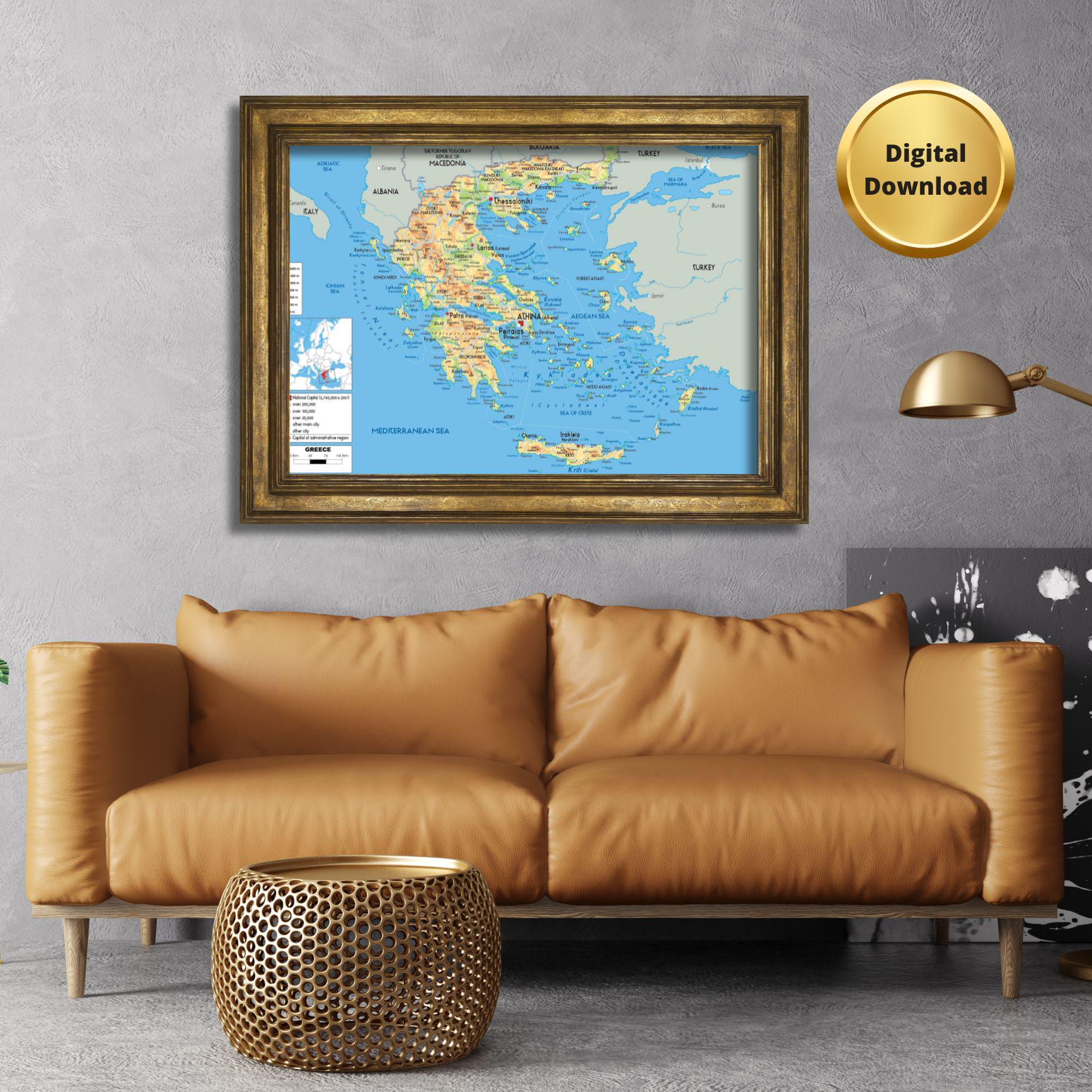 Printable GREECE Political Map + Bonus Topography & Road Poster A3 Size ...