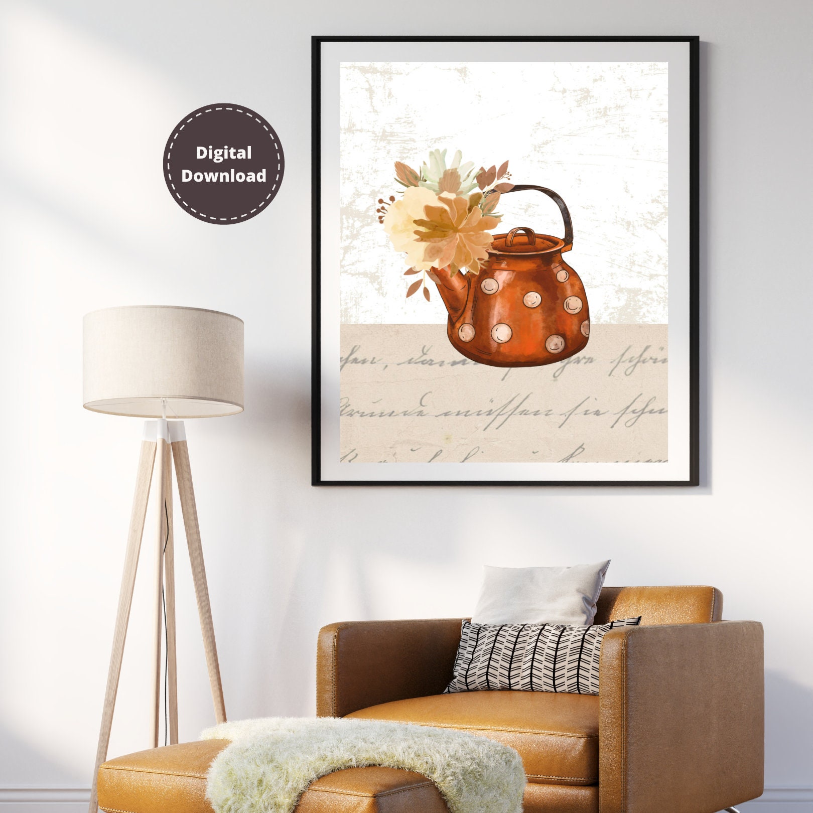 Printable Vintage Tea Kettle and Flowers Poster, Teapot for Warm Colors ...