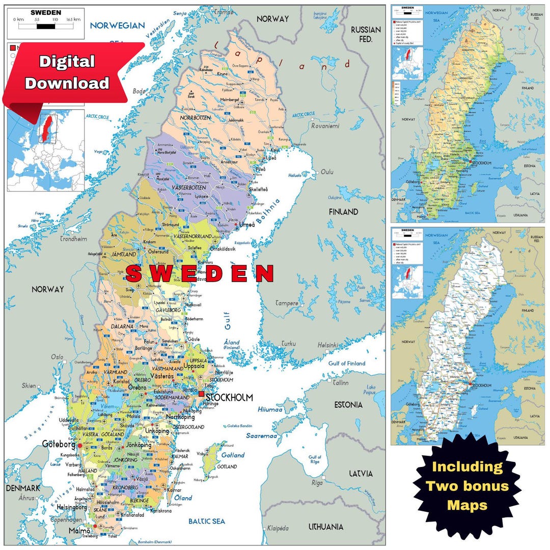 Printable SWEDEN Political Map + 2 Bonus Roads & Topographical - Etsy