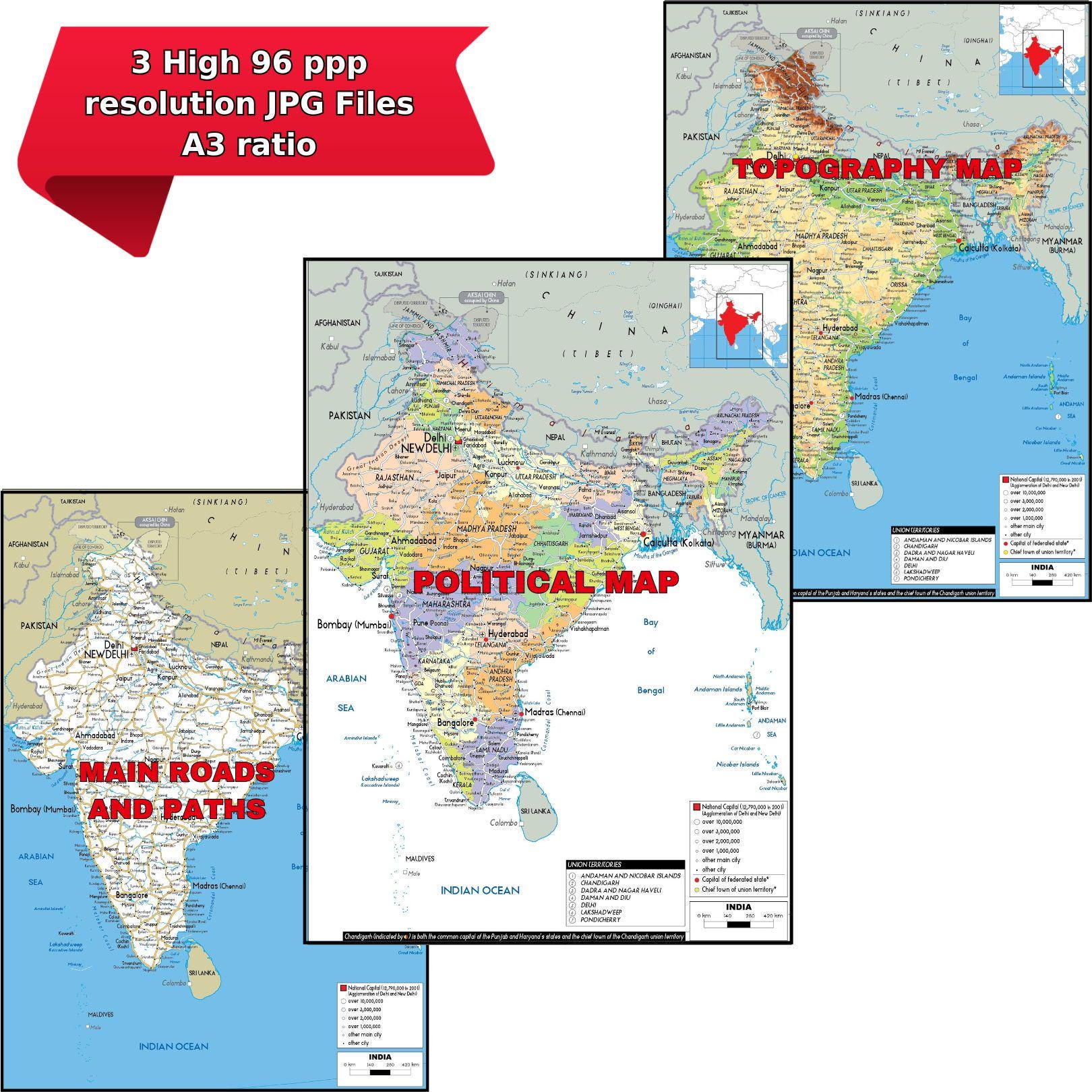 Detailed Printable INDIA Map Political, Topography & Roads A3 Format ...