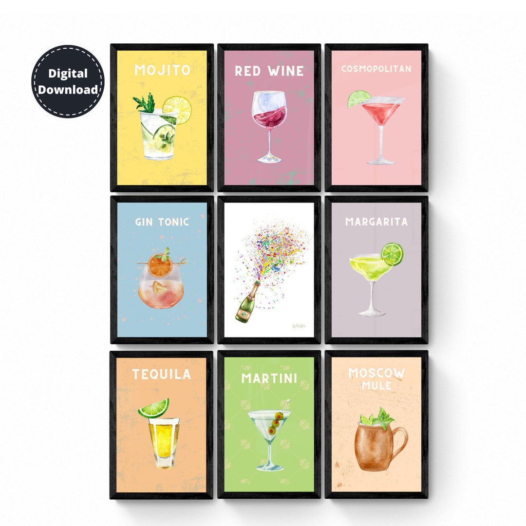 Colorful Cocktails Printable Art for Your Home Bar Modern Rec - Etsy