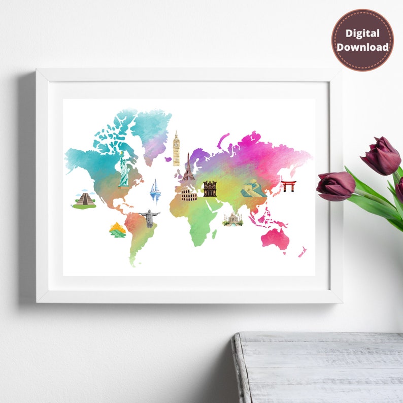 Printable World Map with Iconic monuments, including the Seven Wonders ...